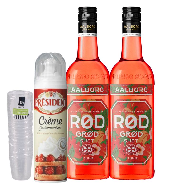 Rød Grød med fløde shot – komplet drinkspakke med glas