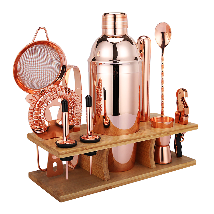 Cocktailshaker sæt med 11 dele og stander - Kobber finish